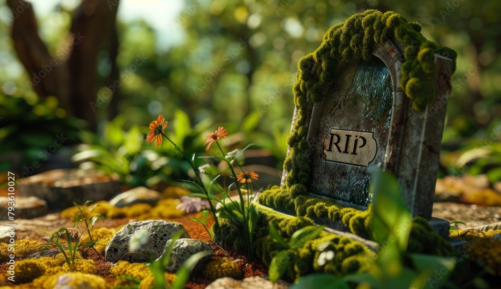 Old tombstone with R.I.P. inscription engraved. Mossy grave on ancient ...