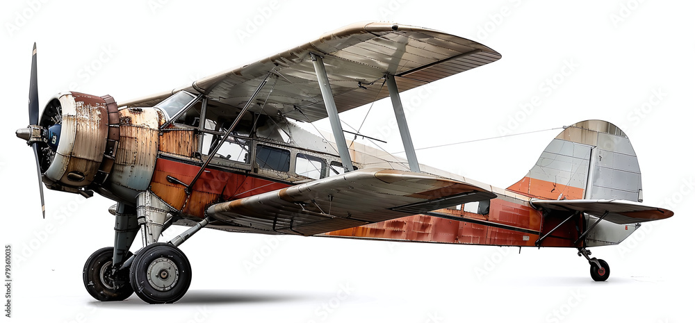 Vintage biplane with a radial engine, featuring a weathered red and ...