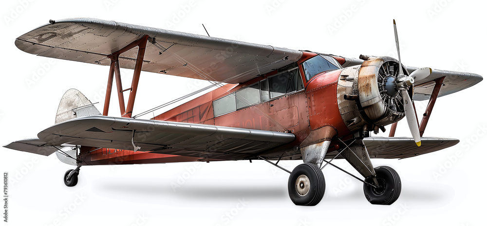 Vintage red biplane isolated on white background, detailed view showing ...