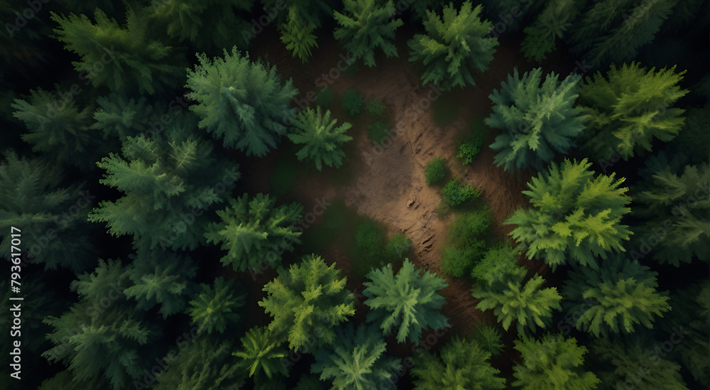 An Aerial top down view of a green forest with human footprint in the ...