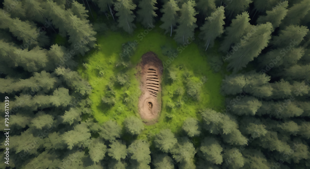 An Aerial top down view of a green forest with human footprint in the ...