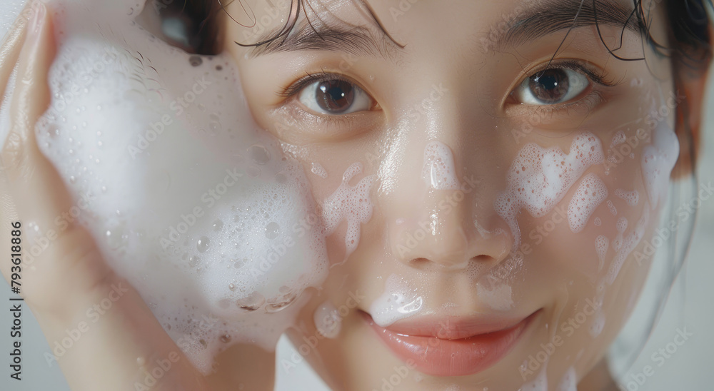 Korean beauty model with flawless skin, using facial wash to swirl ...