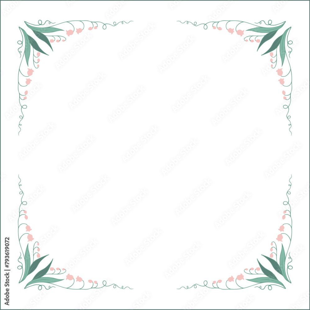 Green floral frame with pink flowers, lily of the valley decorative ...
