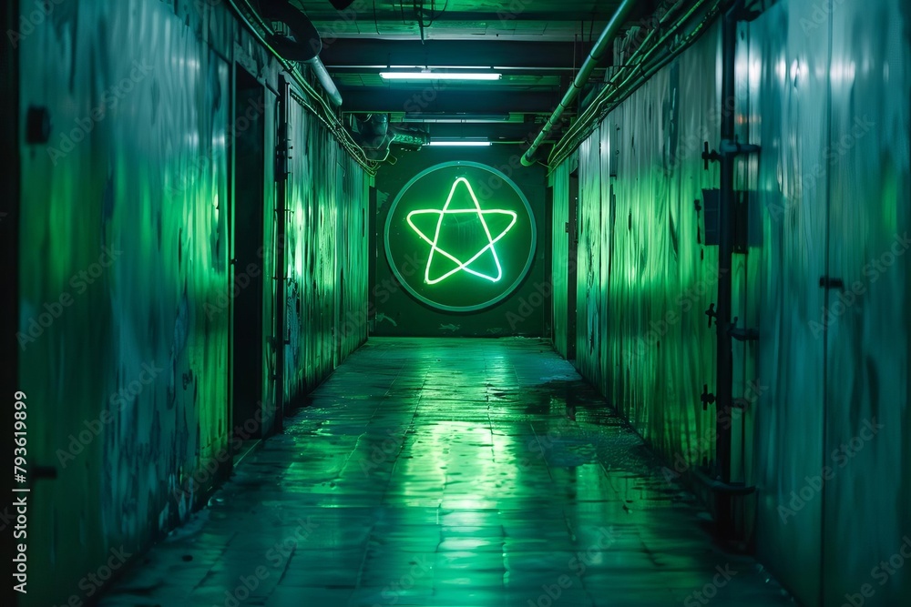 A striking visual of a neon green radioactive symbol glowing intensely ...