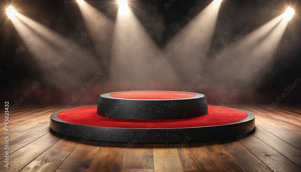 Red Black podium or pedestal with fog light and red carpet display on ...