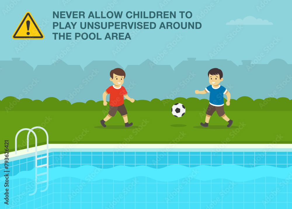 Safety rule for kids. Two male kids playing ball beside outdoor ... Safety rule for kids. Two male kids playing ball beside outdoor ...