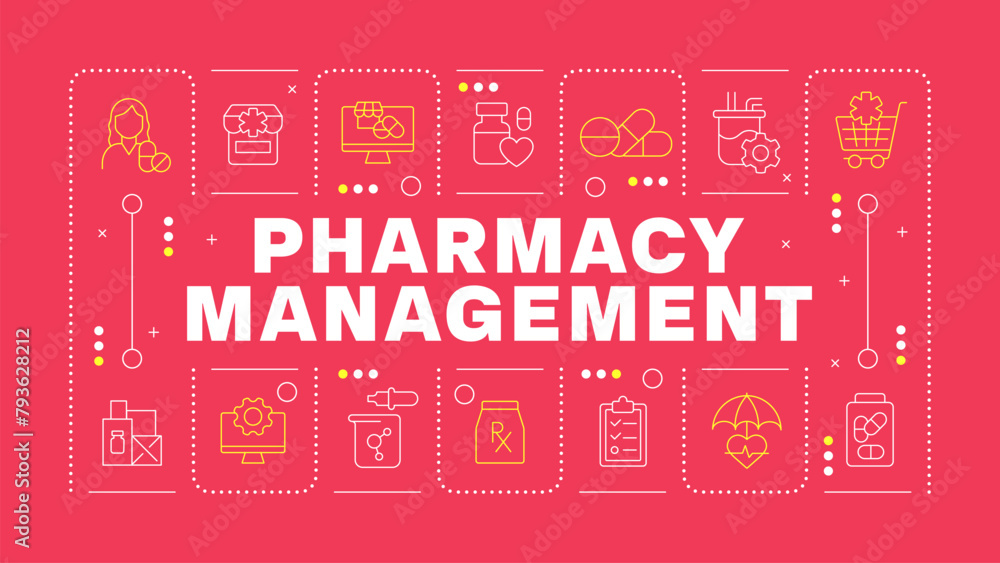 Pharmacy management red word concept. Quality control, monitoring. POS ...