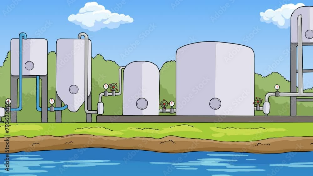 2d animated cartoon Background pan of city water purification steps and ...