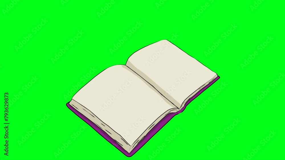 2d animated cartoon opening a book with a purple leather cover and ...