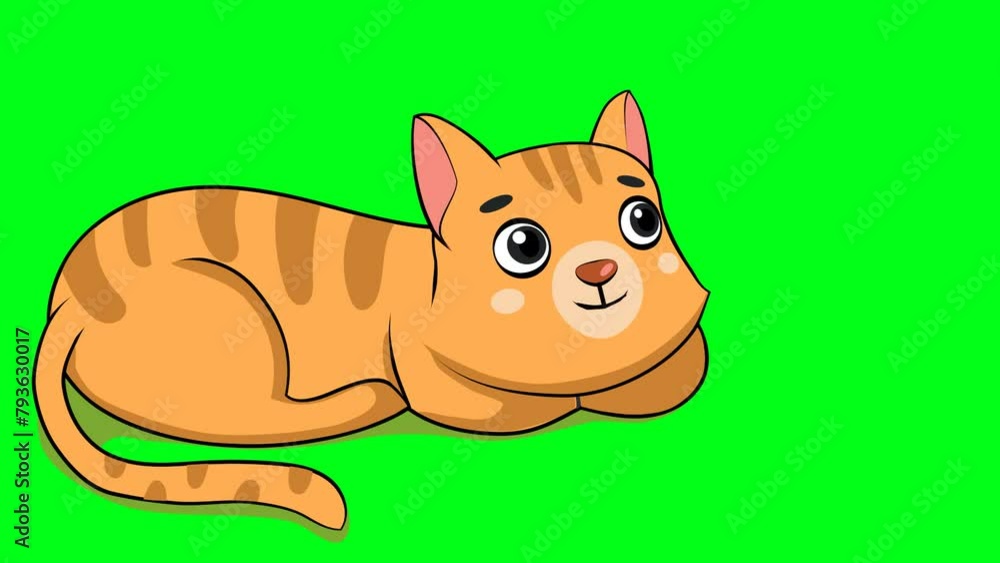 2d animated cartoon yellow cat character is lying on gound and looks up ...