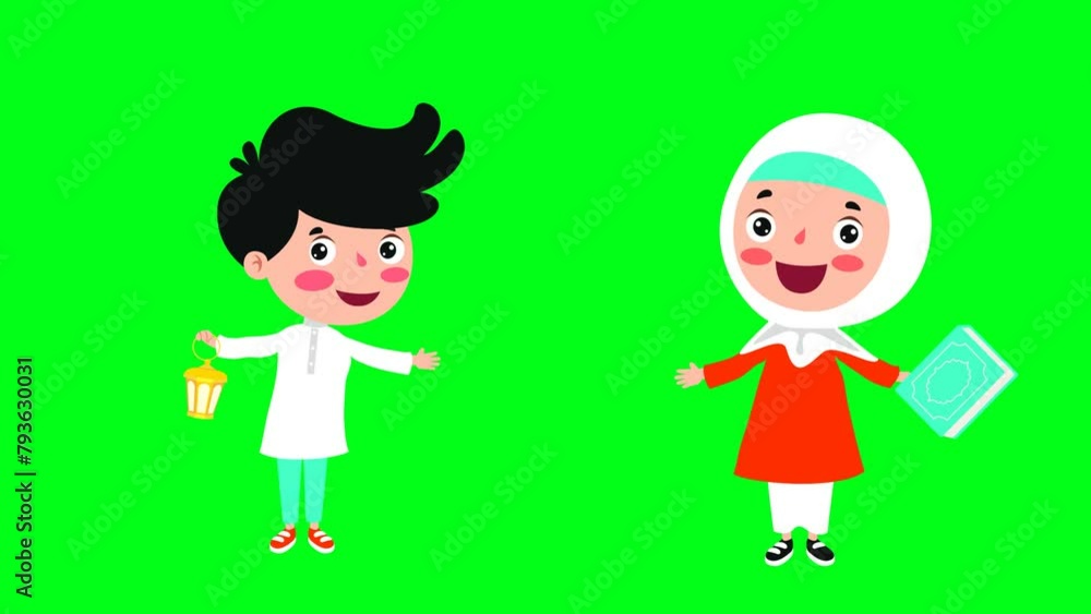 2d animated cartoon Islamic baby girl and boy characters with Quran in ...