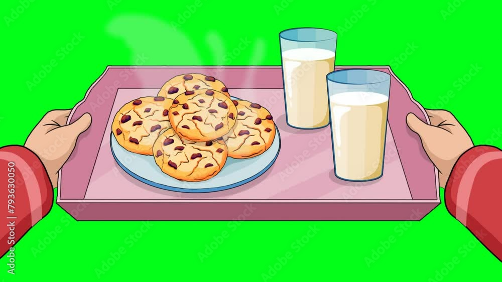 2d animated cartoon placing a tray of hot baked cookies with drinking ...