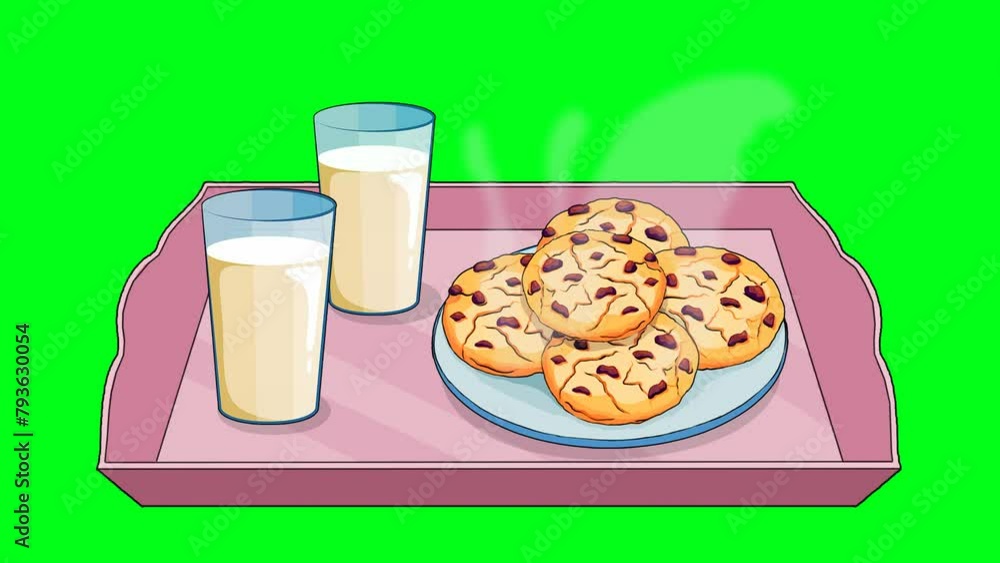 2d animated cartoon tray of hot baked cookies with drinking milk on the ...