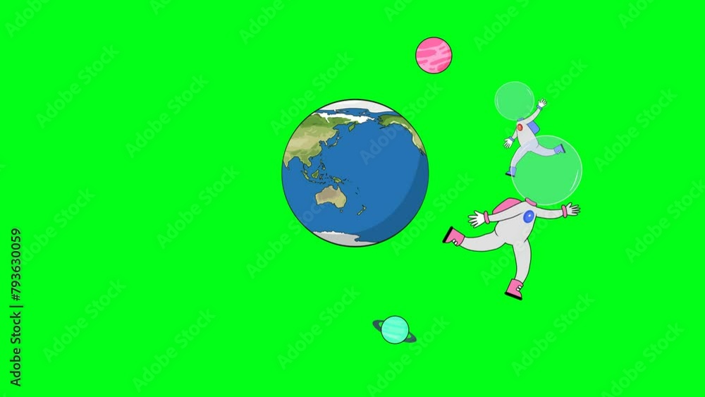 2d animated cartoon spaceman and astronaut costume characters hovering ...