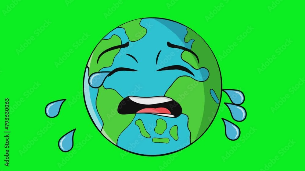 2d animated cartoon character of planet earth is sad and crying. To be ...