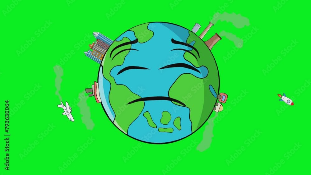 2d animated cartoon planet Earth is a character who is sad and cries ...
