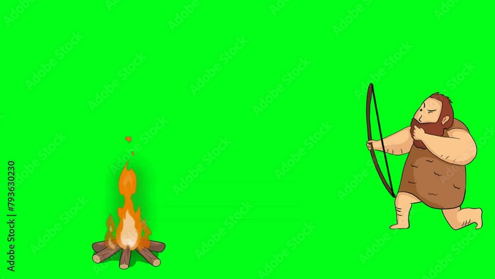 2d animated cartoon early humans or caveman character Hunting with a ...