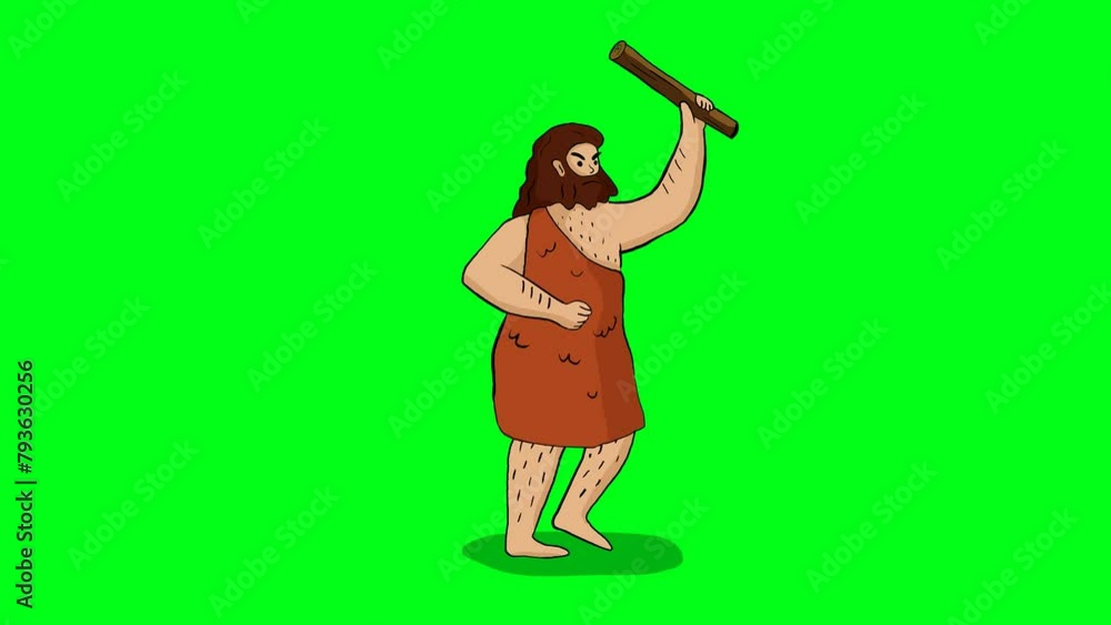 2d animated cartoon early humans or caveman character who has a club or ...