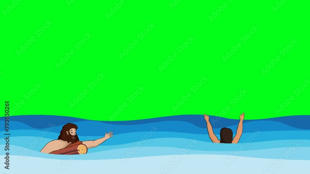 2d animated cartoon Two men who are drowning in sea or ocean water and ...