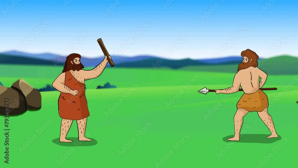 2d animated cartoon early humans or caveman character A complete scene ...