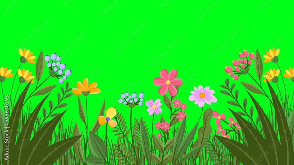 2d animated cartoon Eating bread and moving the fresh flowers of nature ...