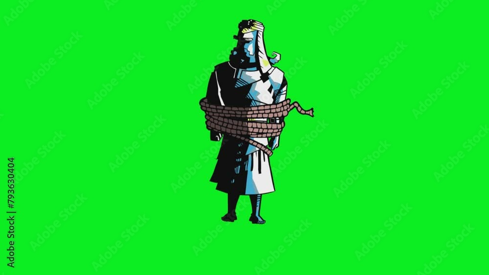 2d animated cartoon character of the man whose hands are tied with a ...