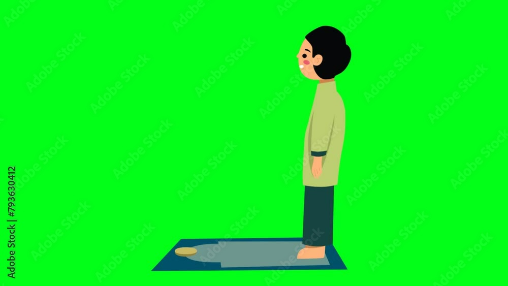 2d animated cartoon Muslim boy character praying in the mosque in green ...