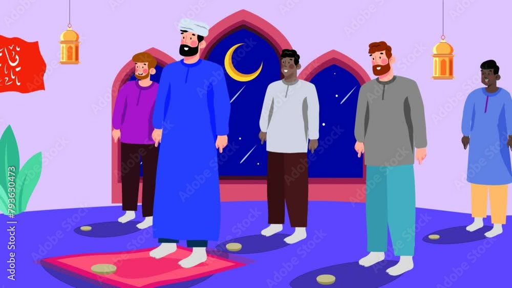 2d animated cartoon Prayers of Muslim people in the religion of Islam ...