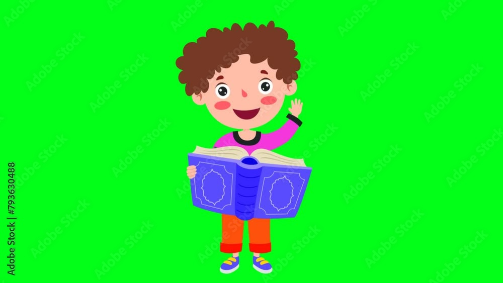 2d animated cartoon Islamic muslim boy character, the Quran in his ...