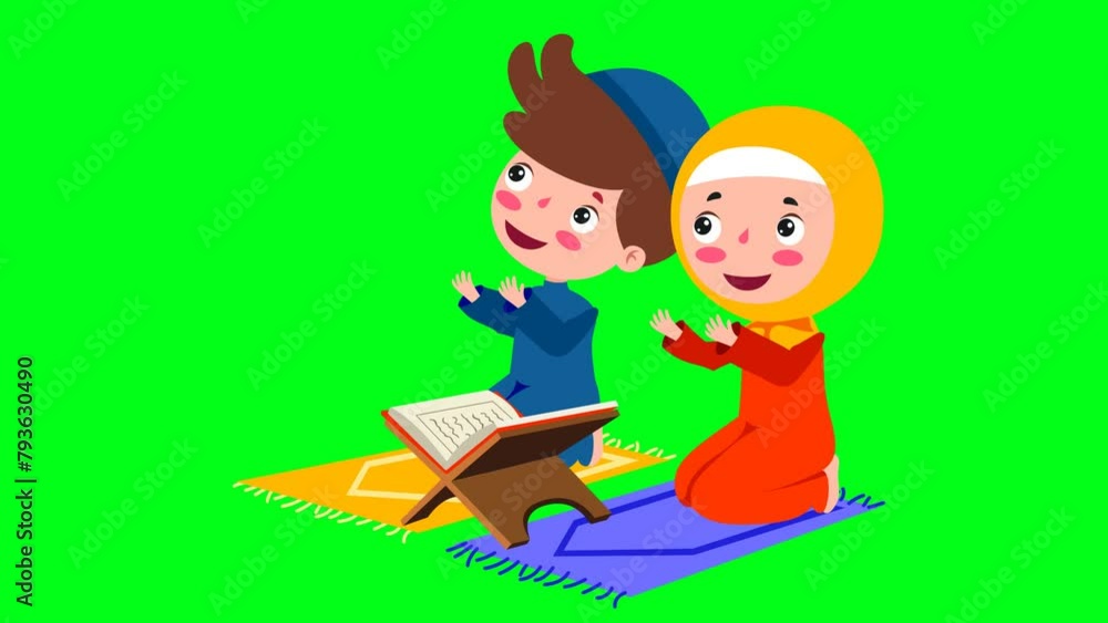 2d animated cartoon Muslim boy and girl characters reading Quran for ...