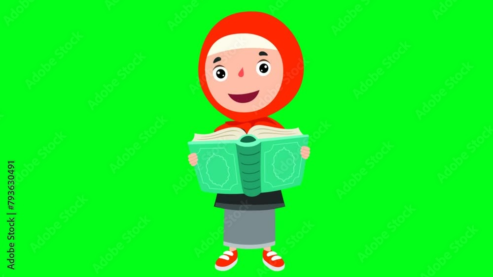 2d animated cartoon Islamic muslim girl character have a Quran in her ...