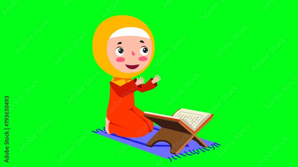 2d animated cartoon Muslim girl character reading Quran for Islam in ...