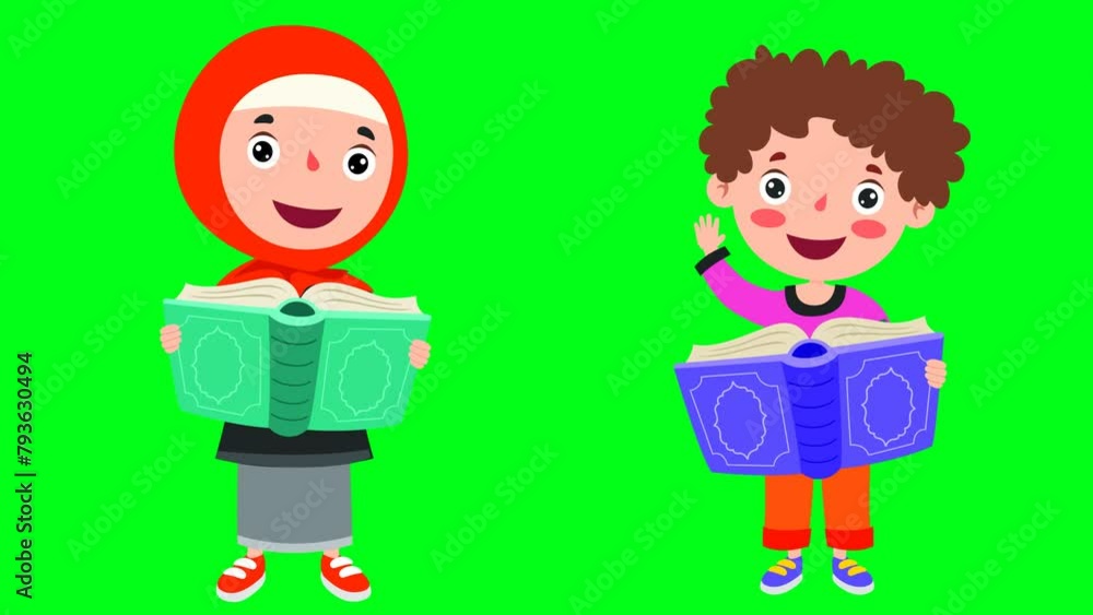 2d animated cartoon Islamic Quran in hands of muslim boy & girl ...