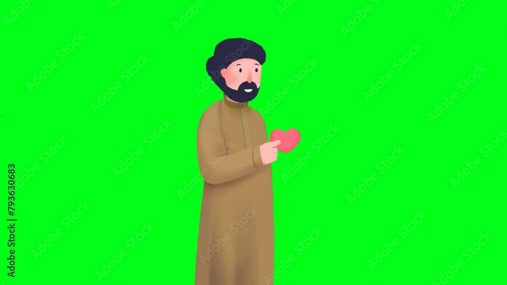 2d animated cartoon A man character holding a heart sticker and walking ...