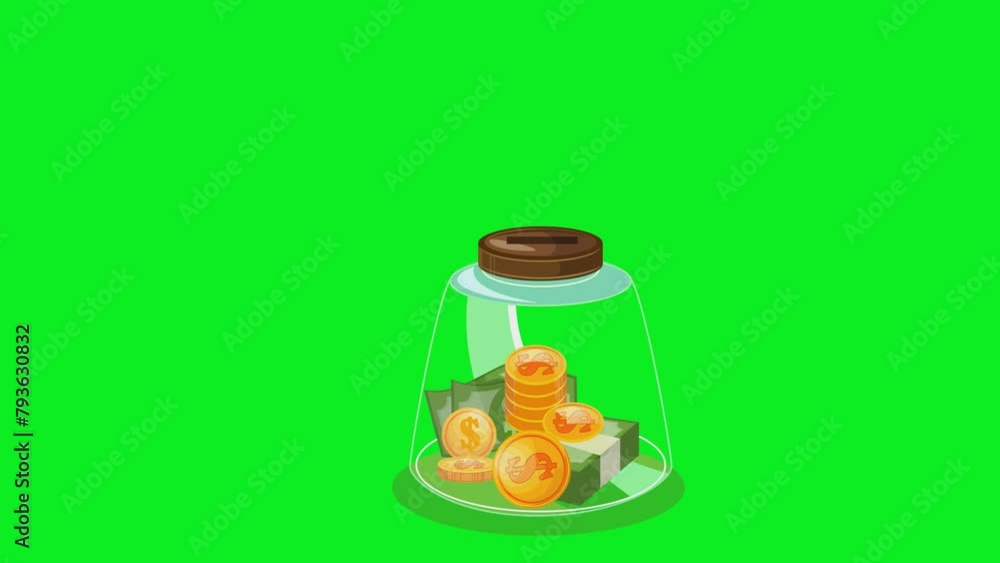 2d animated cartoon Piggy bank of coins, which is entered by hand and a ...