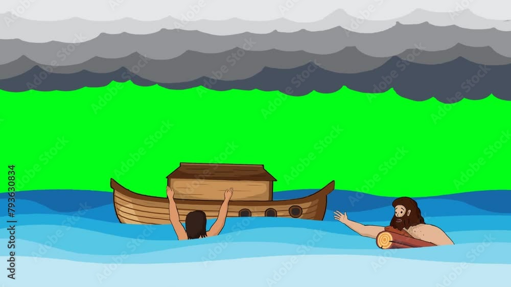 2d animated cartoon character of two men drowning in sea water and in ...