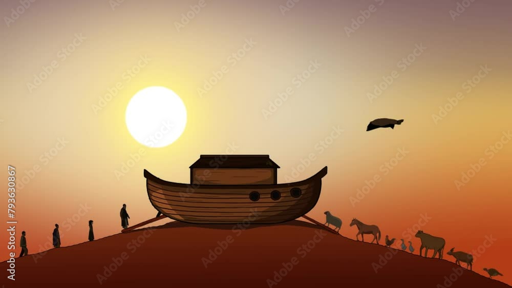 2d animated cartoon background of people and animals walking into the ...