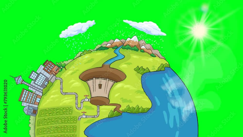 2d animated cartoon educational of teaching the water cycle on the ...