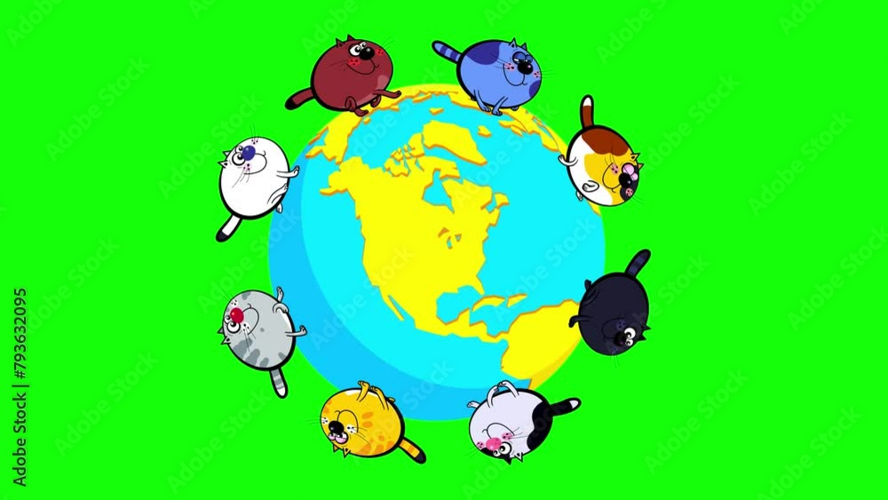 Cats walking around a big earth globe green screen. International or ...