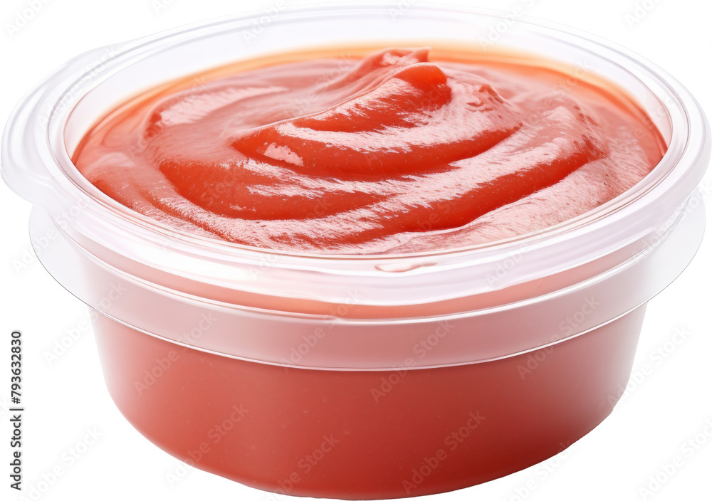clear plastic container of ketchup sauce dip isolated on white or ...