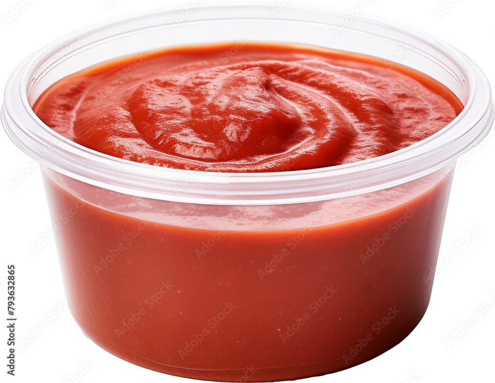 clear plastic container of ketchup sauce dip isolated on white or ...