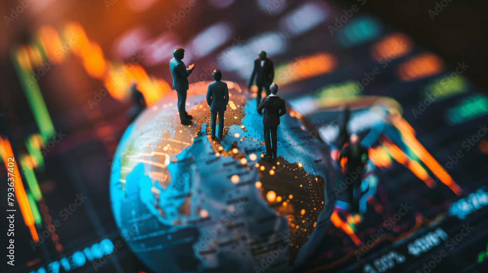 International Stock Exchanges - Tiny figures around a small globe with ...