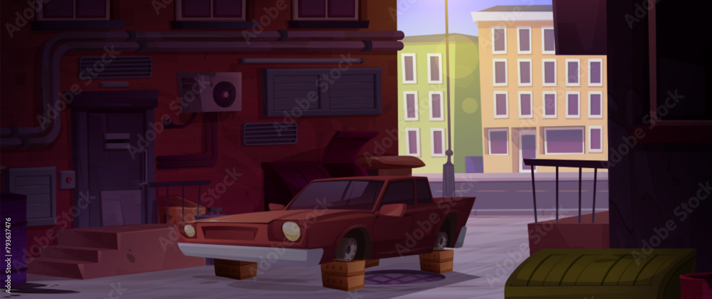 Old abandoned broken car without wheels standing in alley of ghetto ...