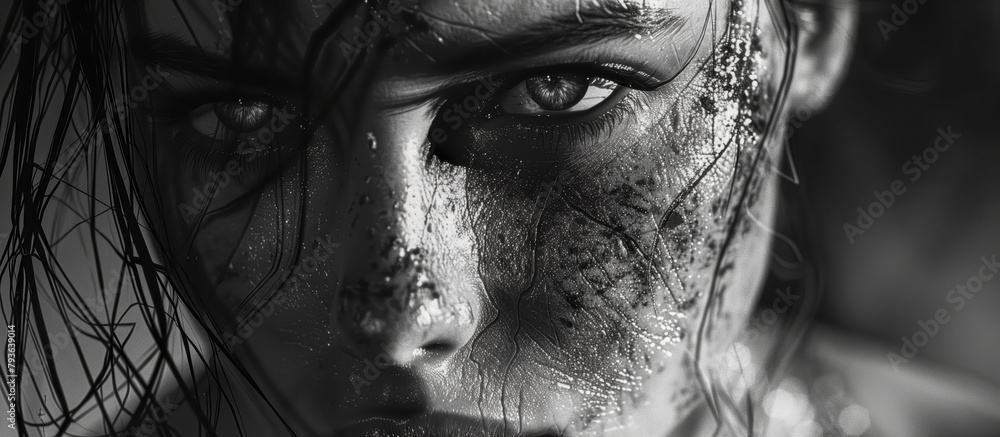 Woman's face with a defiant look and marks that suggest physical abuse ...