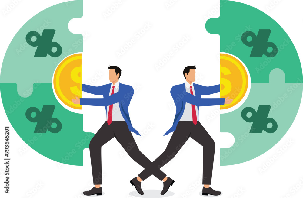 Equal distribution, egalitarianism, Two businessmen pushing away an average sized pie chart ...