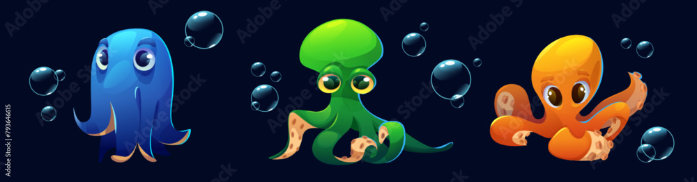 Octopus characters set isolated on black background. Vector cartoon ...