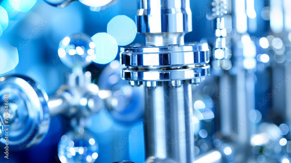 A close up of a silver pipe with a blue background. The pipe is made of ...