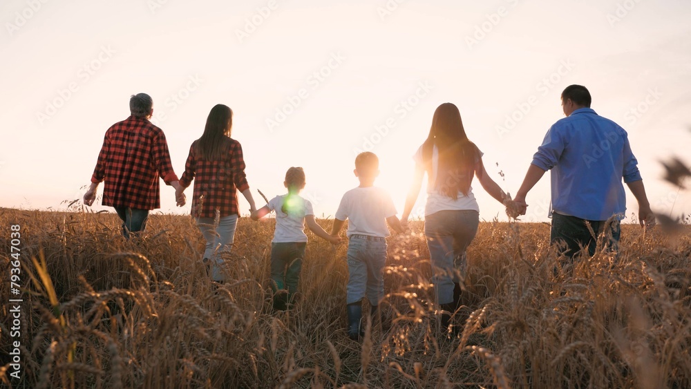 Family friends going at sunset wheat field holding hands together back ...