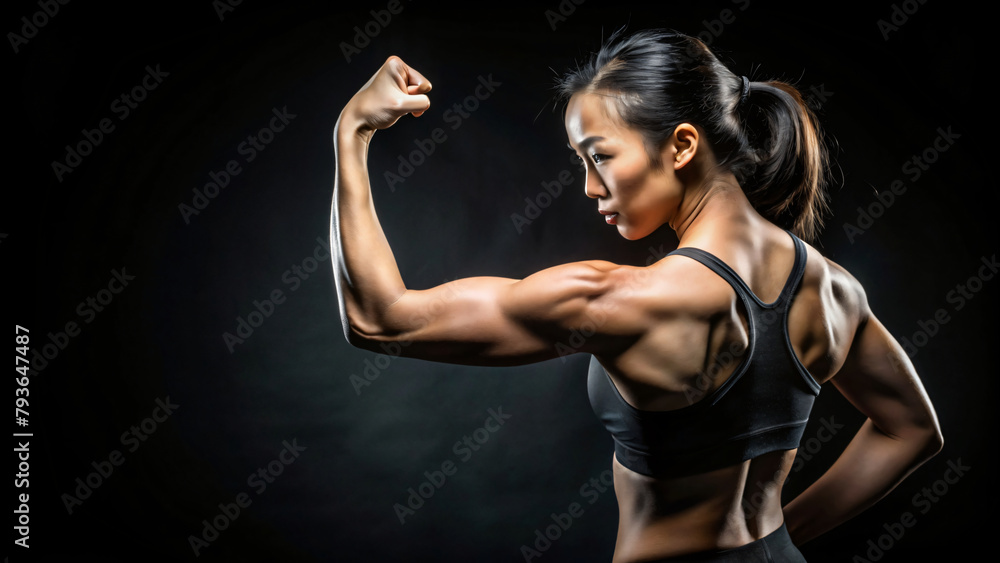 A muscular woman flexing her arm to show off his biceps Stock Photo ...