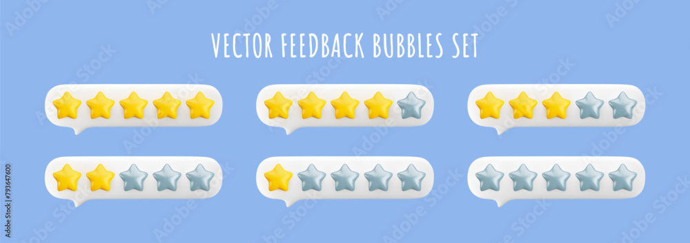 Vector 3d feedback bubbles set. Star rating system from worst to best level. Customer review ...